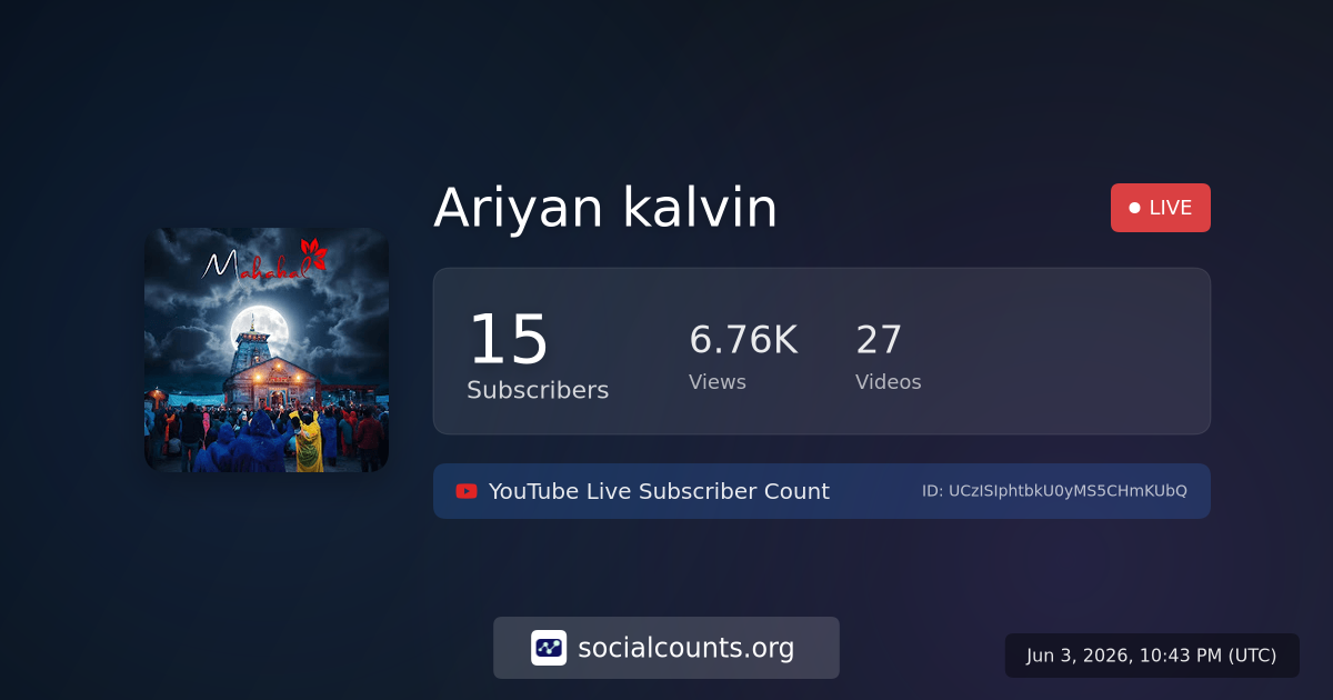 Ariyan kalvin - YouTube Live Subscriber Count - SocialCounts.org